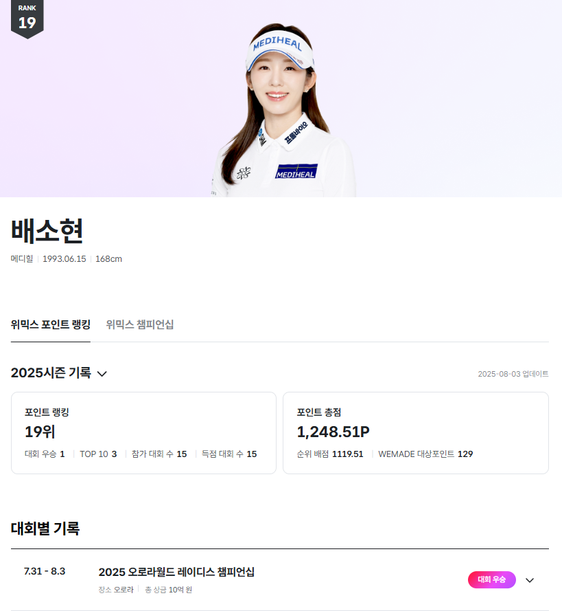 SBS Golf 뉴스 : 전체 뉴스 : 배소현, ‘오로라월드 챔피언십’ 초대 챔피언 등극… 위믹스 포인트 랭킹도 껑충 [KLPGA] : SBS Golf